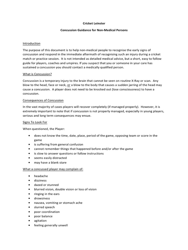 Concussion Guidelines for Cricket Coaches | PDF | Concussion ...