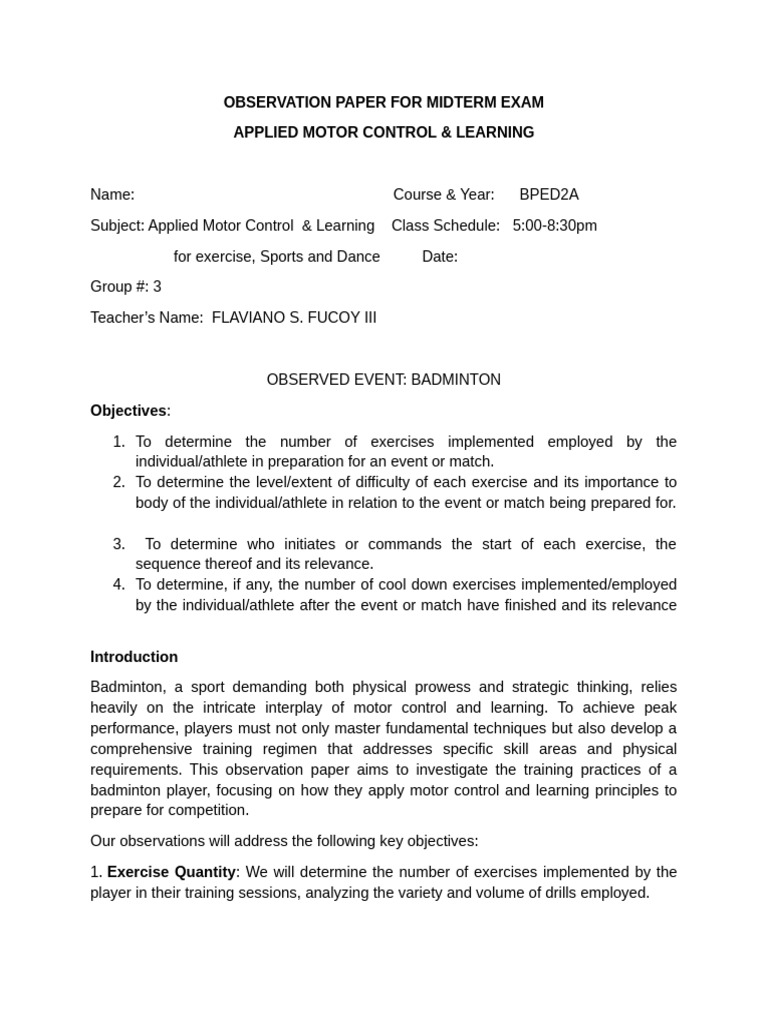 Observation Paper Badminton | PDF | Motor Control | Cognitive Psychology