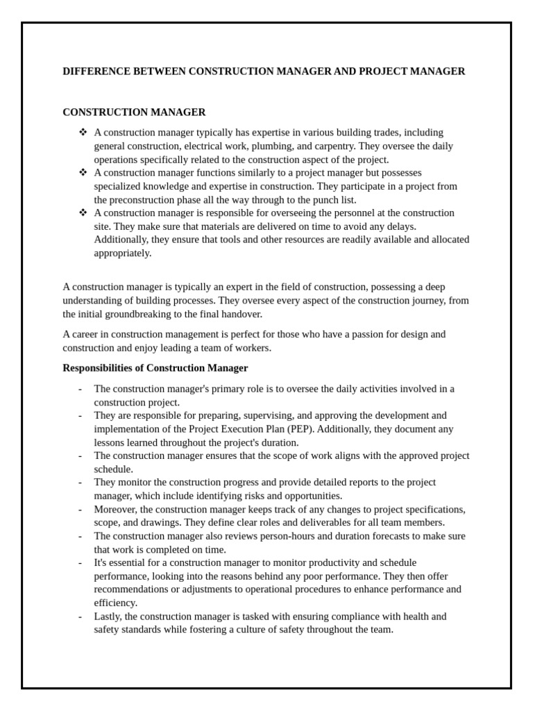 Difference Between Construction Manager and Project Manager | PDF | Construction Management ...