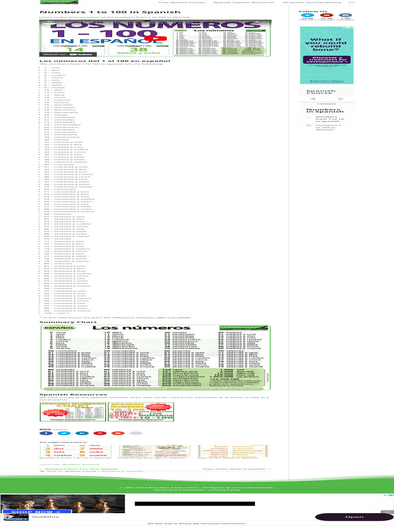 Números del 1 al 100 en Español | PDF