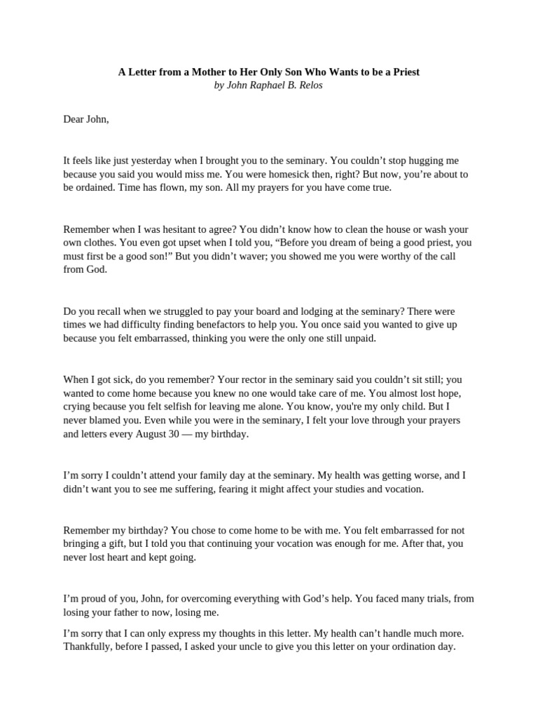 A Letter From A Mother To Her Only Son Who Wants To Be A Priest | PDF