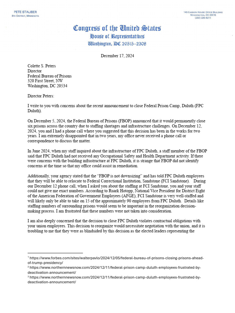 Concerns Over FPC Duluth Closure | PDF | Federal Bureau Of Prisons