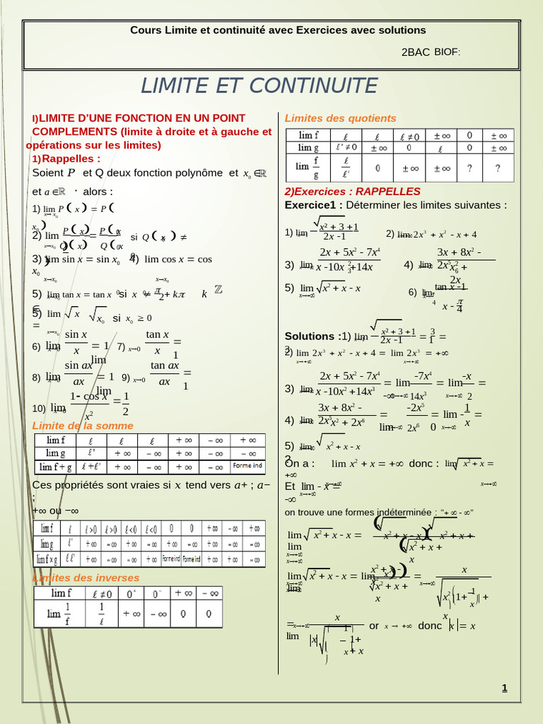 Cours Et Exercices Corriges Limites Et Continuite | PDF | Logique ...