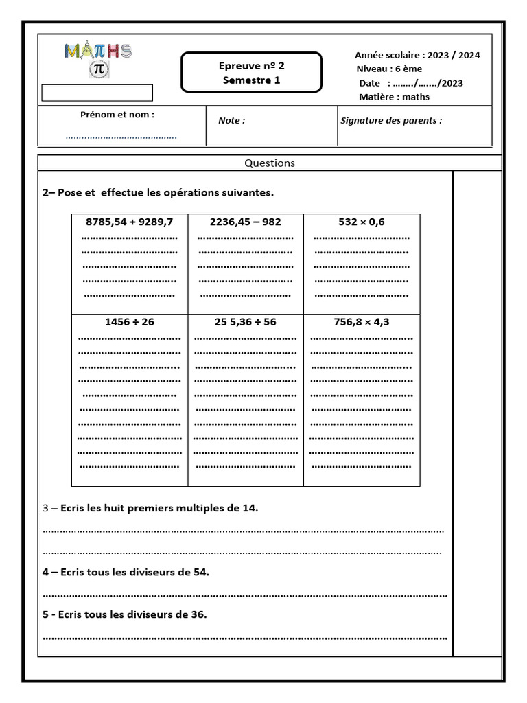 Controle 2 de Maths Semestere 1 - 6année Primaire - Prof BOUZZIT A | PDF