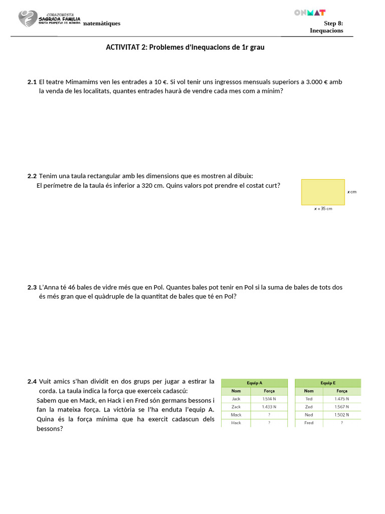 ACTIVITAT 2. Problemes Dinequacions de 1r Grau | PDF