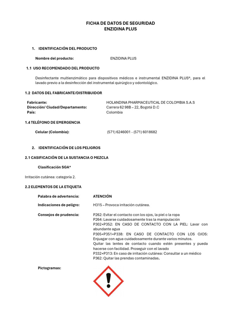Ficha de Seguridad: Enzidina Plus | PDF | Combustión | Agua