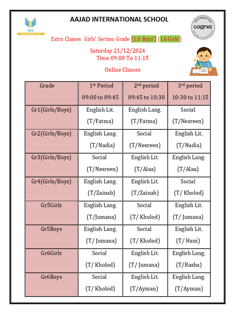 Extra Classes - Girls' Section (1-6) - 21-12 | PDF