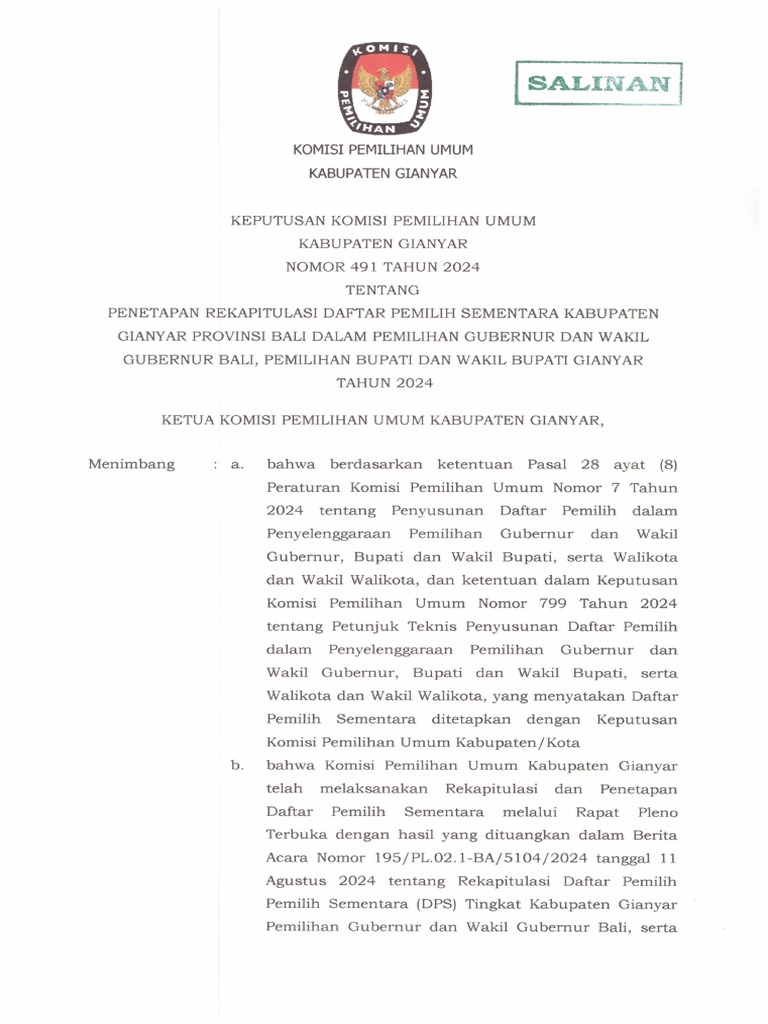 Salinan SK 491 Penetapan Rekapitulasi DPS TK Kabupaten Gianyar. | PDF