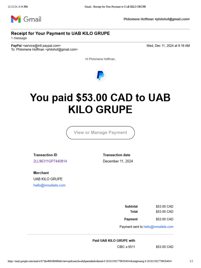 2024 Dec.11 Philomene Hoffman Philohof@gmail - Com Receipt For Your ...