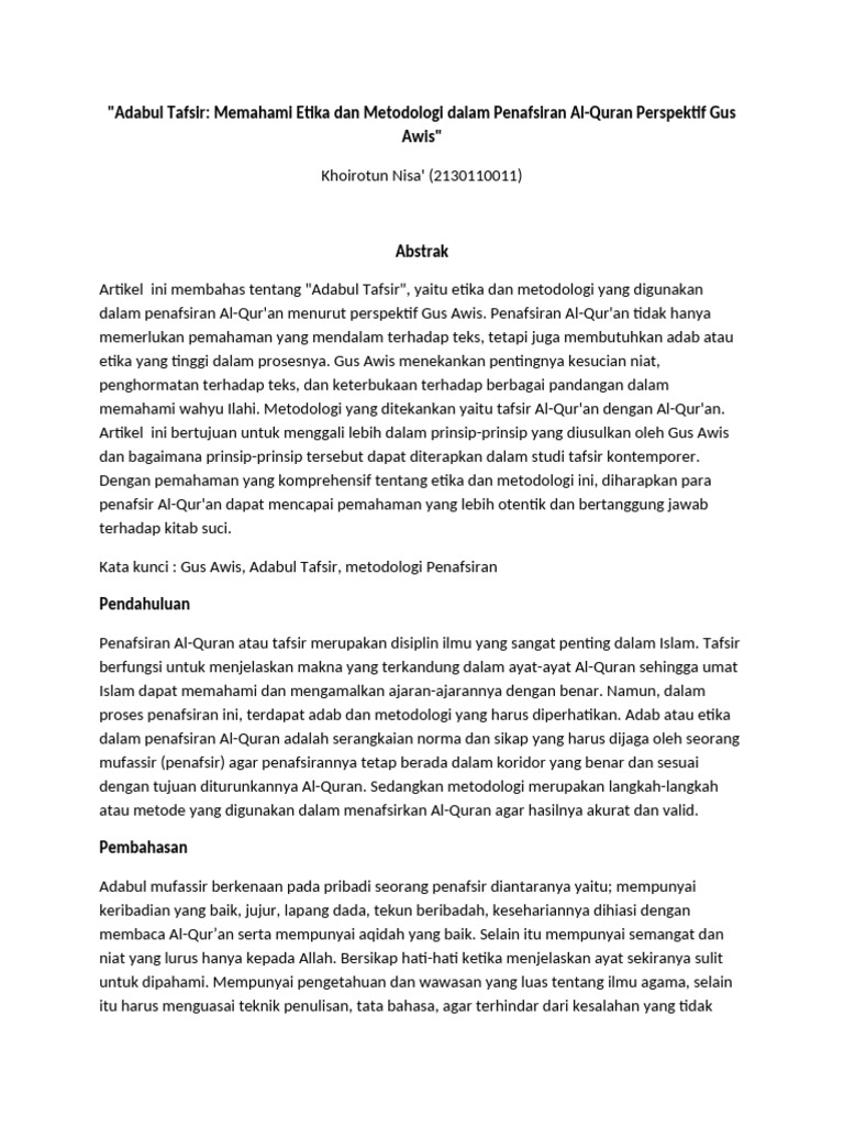 Adabul Tafsir: Memahami Etika Dan Metodologi Dalam Penafsiran Al-Quran ...