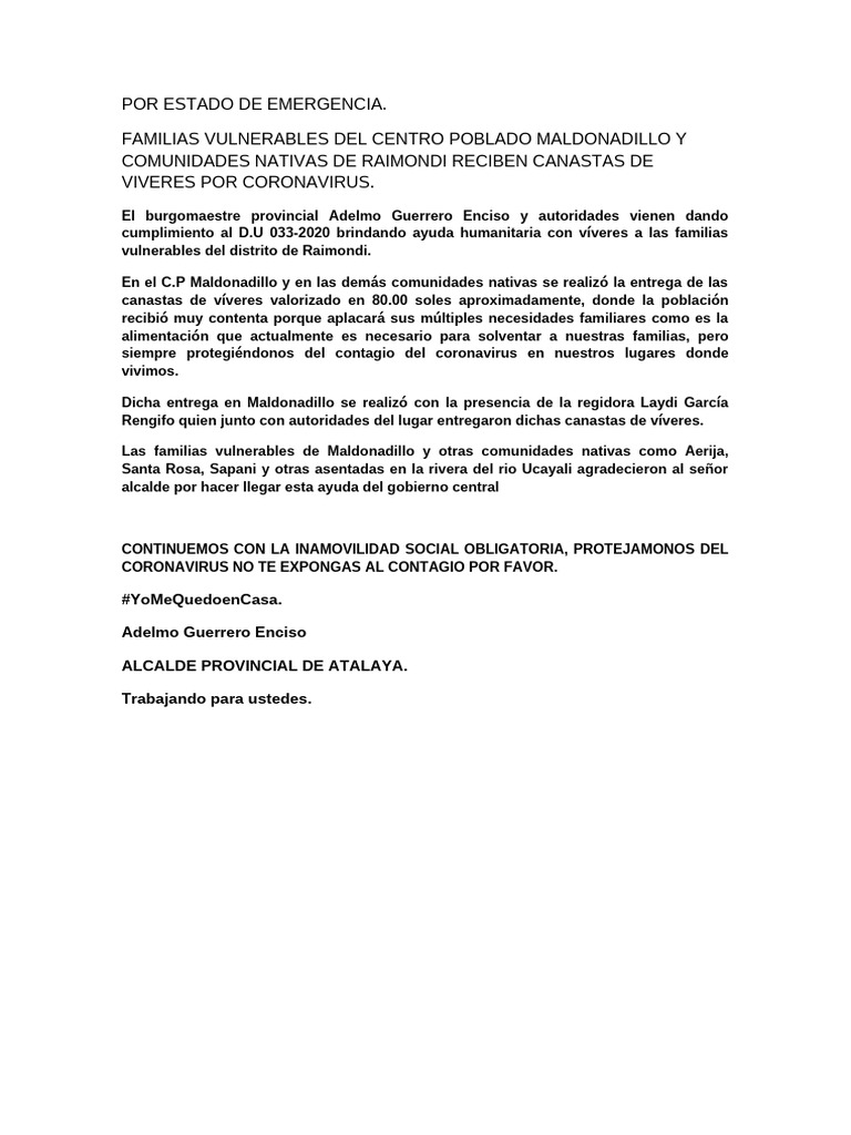 Viveres Maldonadillo y Aerija . | PDF