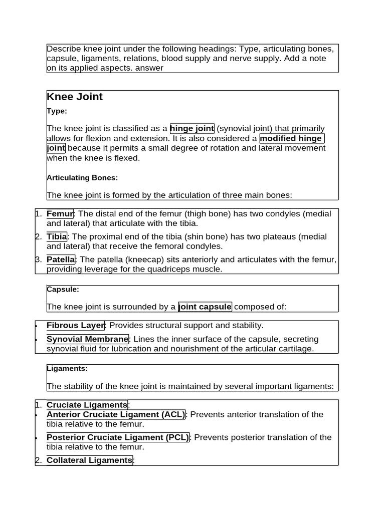 Describe Knee Joint Under The Following Headings | PDF | Knee | Joints
