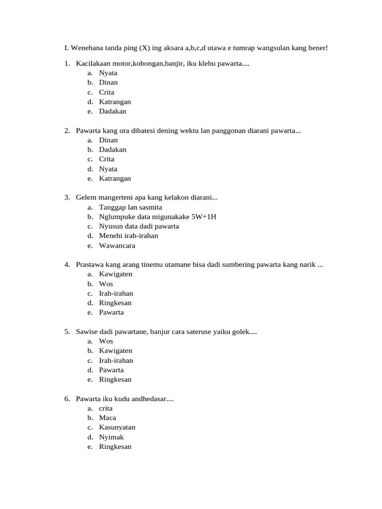 Soal Pas Bahasa Jawa Kelas X Ganjil 2024 | PDF