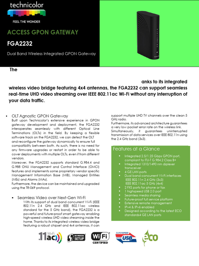 Technicolor FGA2232 GPON Gateway Overview | PDF | Wi Fi | I Pv6