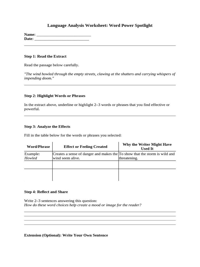 15min Sessions - Language Analysis Worksheet | PDF