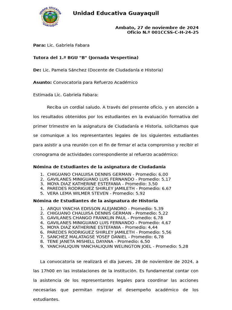 Oficio Refuerzo 1 Bgu A 1 Trimestre | PDF