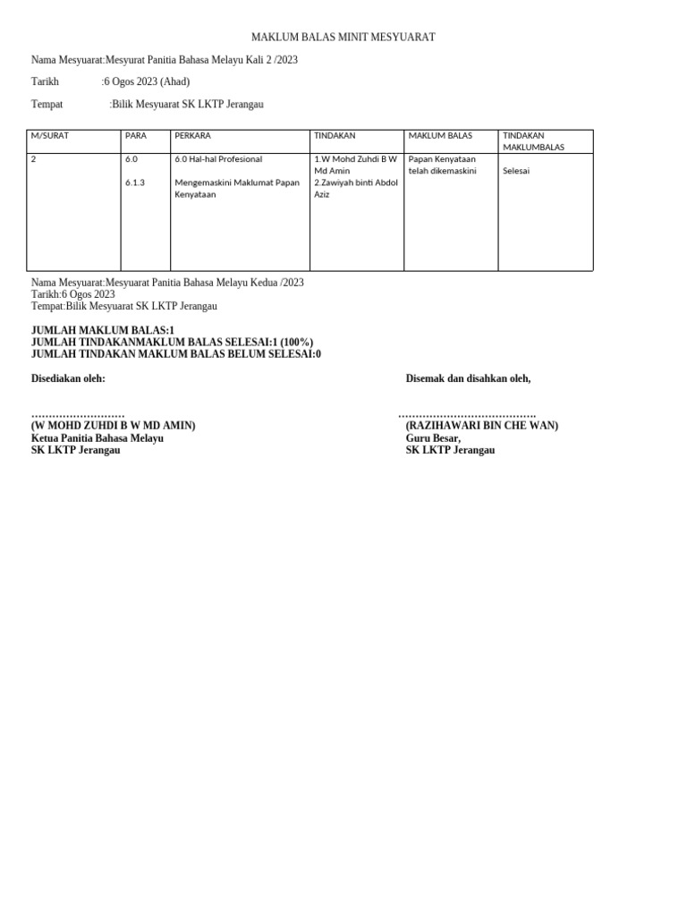 MAKLUM BALAS MINIT MESYUARAT BM 2023 | PDF