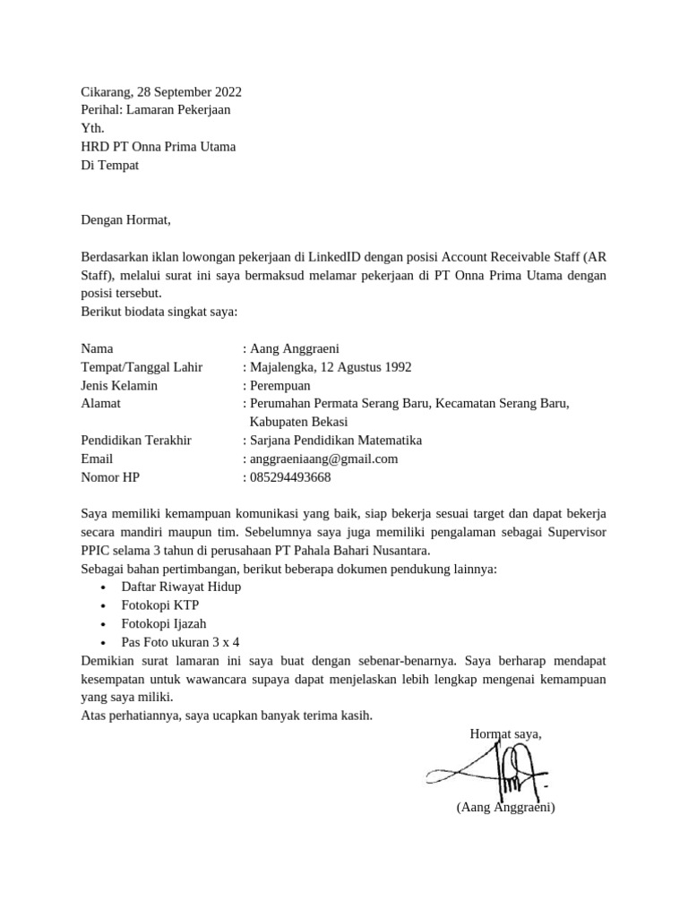 Lamaran Pekerjaan di PT Onna Prima Utama | PDF