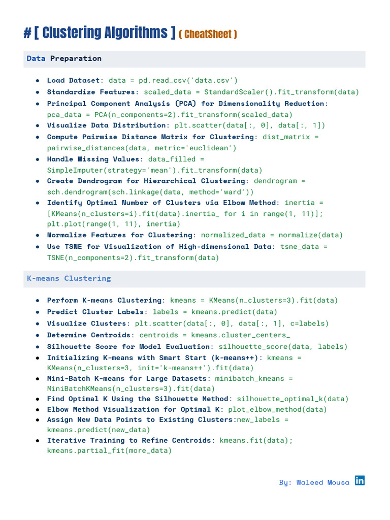 Clustering Algorithms CheatSheet 1710438661 | PDF | Cluster Analysis | Algorithms And Data ...