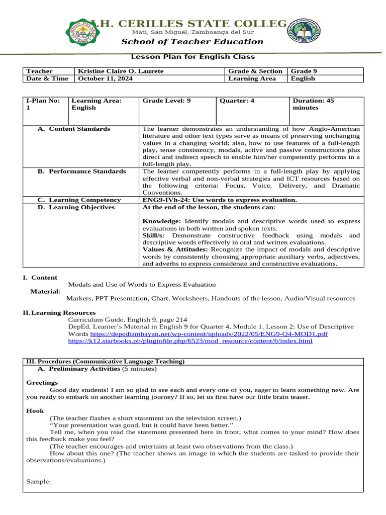 Lesson Plan Revised Laurete | PDF | English Language | Verb
