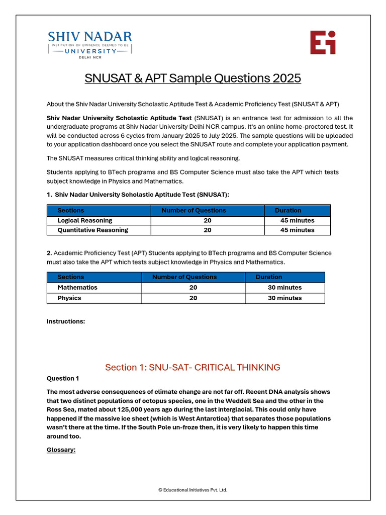 SNUSAT and APT Sample Paper 2025 | PDF | Heat | Gases