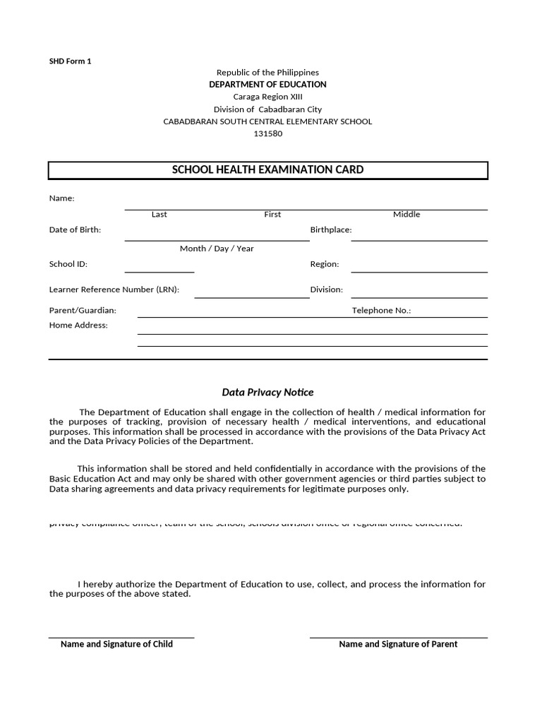 SHD Form 1 Etc Aug 4 1 STUDENTS HEALTH CARD | PDF | Periodontology ...