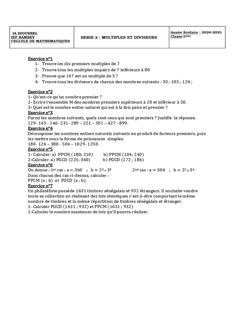 Exercices sur multiples et diviseurs 5ème | PDF