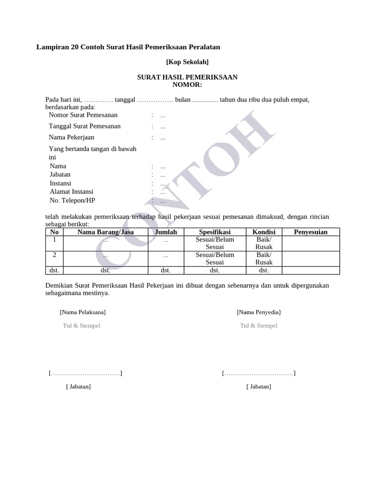 Contoh Surat Hasil Pemeriksaan Peralatan | PDF