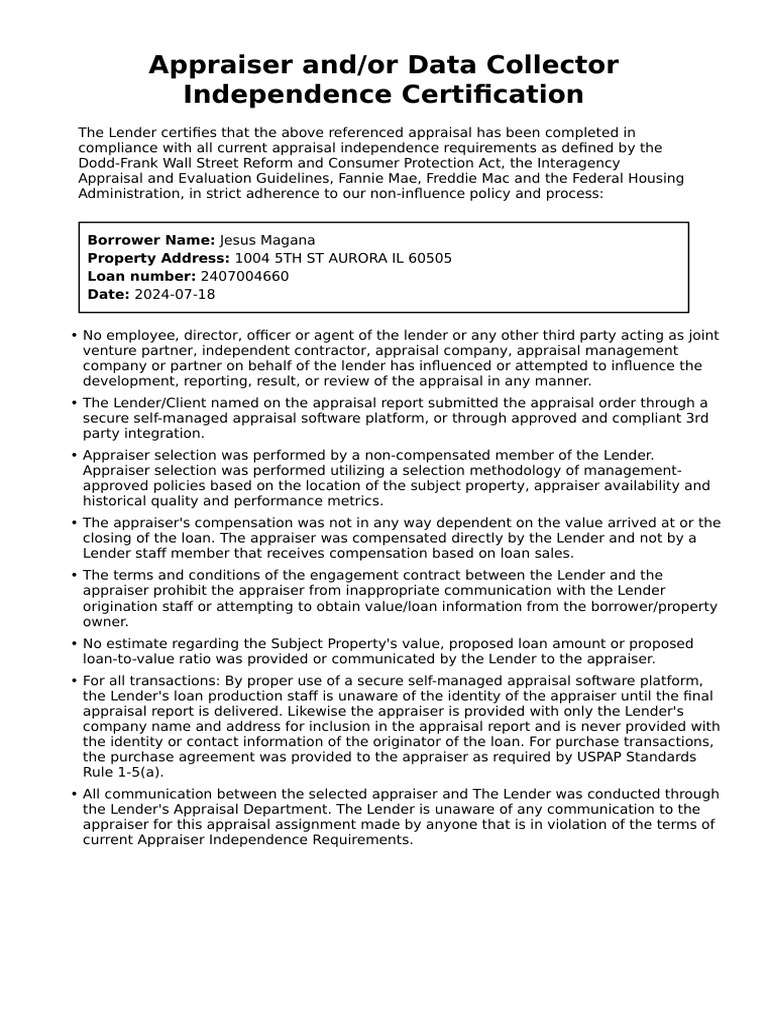 Appraisal Independence Certification Report | PDF | Real Estate ...