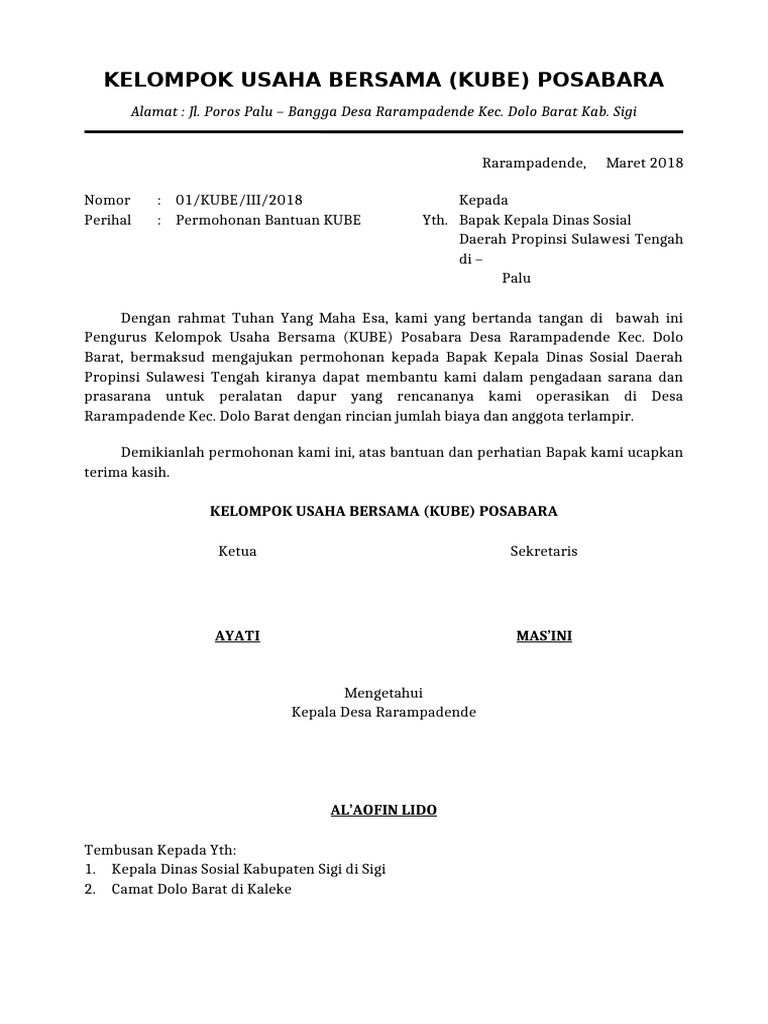 Permohonan Bantuan KUBE Posabara Sigi | PDF