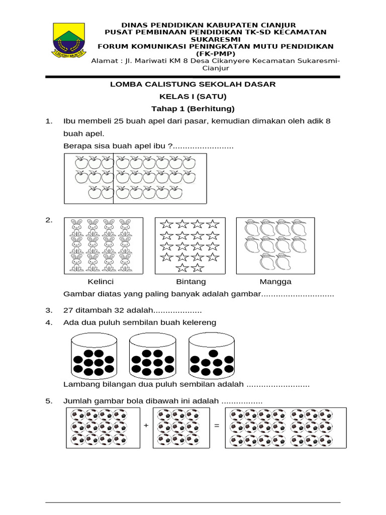 Soal Calistung Kelas 1 Tahap 1 | PDF