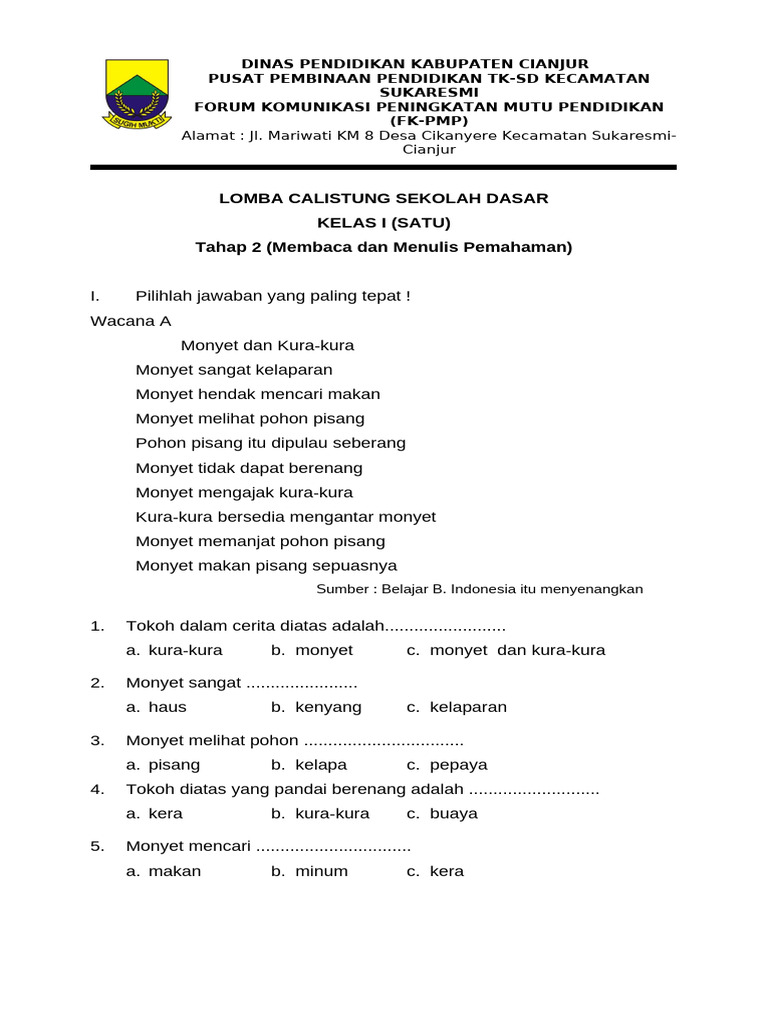 Lomba Calistung SD Kelas I: Monyet dan Pagi | PDF