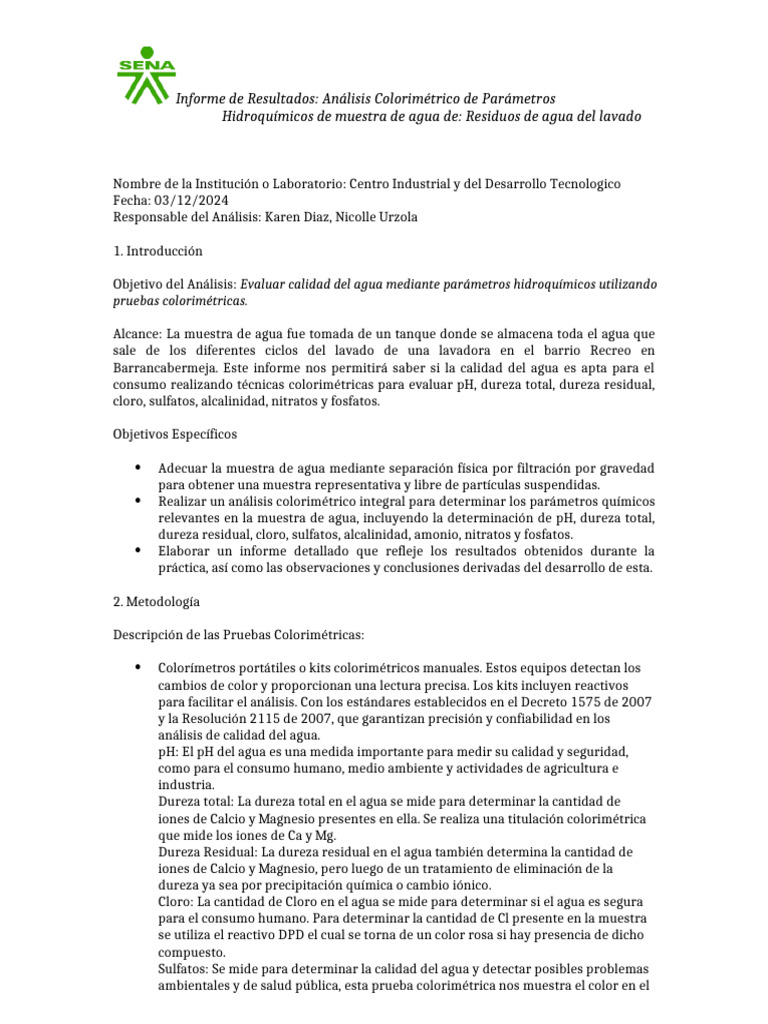 Informe Analisis Colorimetrico Parametros Hidroquimicos karen y nicoll[1] (Recuperado ...