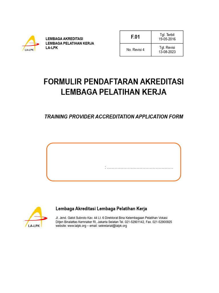 F.01 - Formulir Pendaftaran Akreditasi LPK Rev 4 UPLOAD | PDF