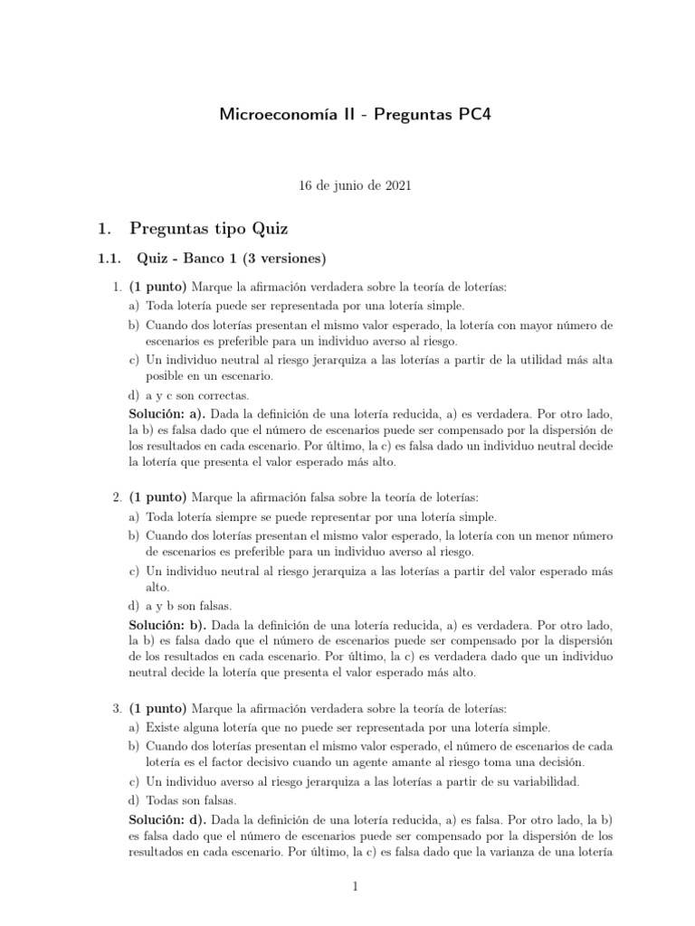 PC4 Microeconomía 2 2021-1 - Solucionario | PDF | Aversión al riesgo | Probabilidad