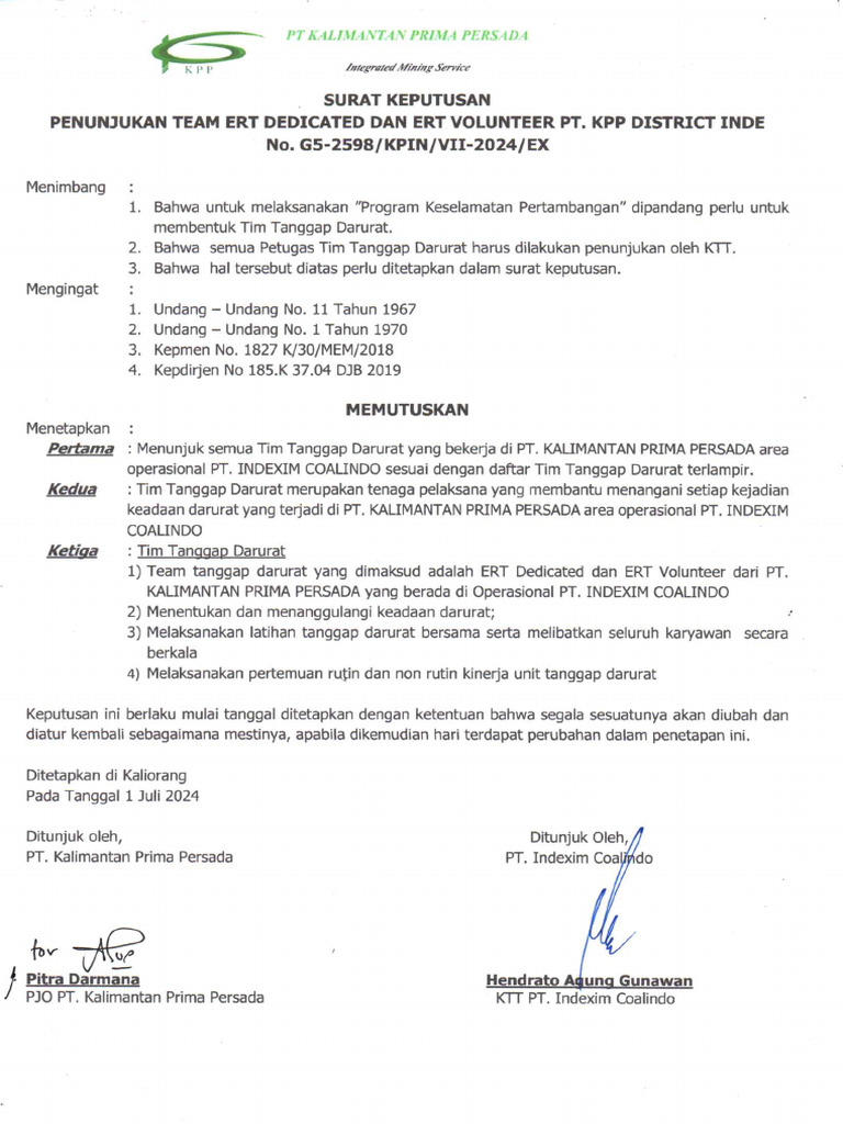 Surat Keputusan Penunjukan Team Ert Dedicated Dan Ert Volunteer PT KPP - Inde | PDF