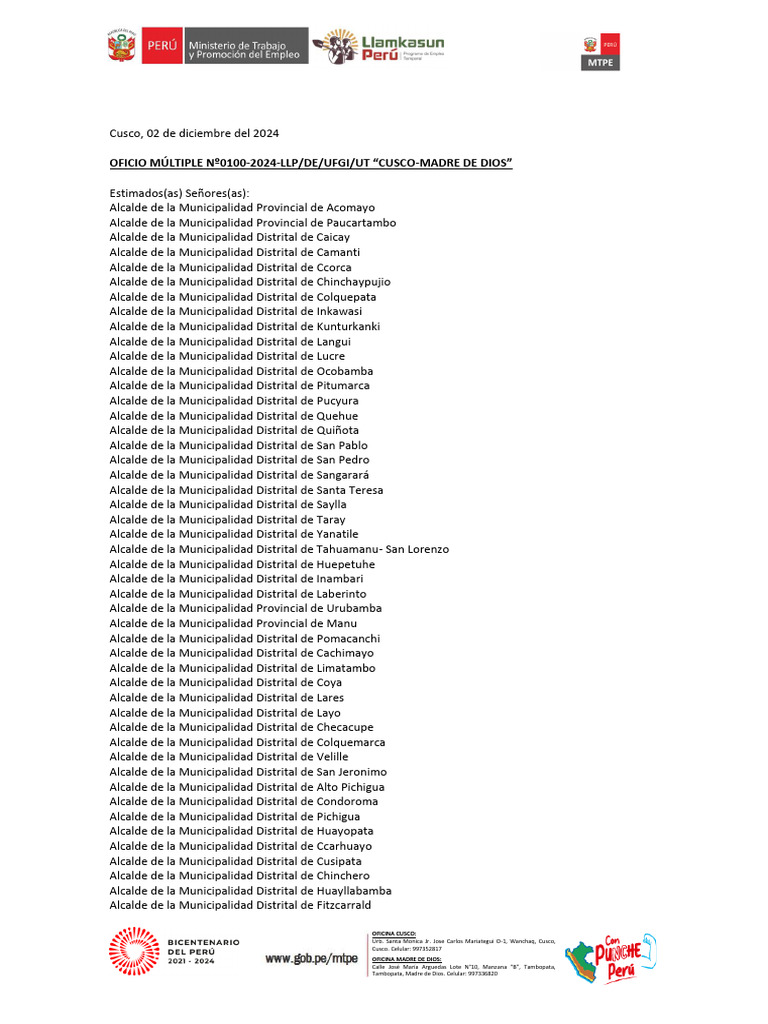 OFICIO MÚLTIPLE Nº0100-2024-LLP-DE-UFGI-UT “CUSCO-MADRE DE DIOS” | PDF