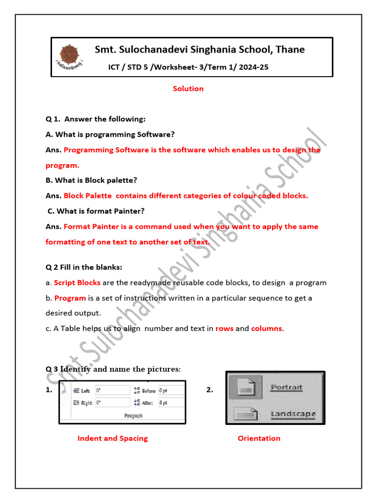 STD 5 Term 1 Worksheet No 3 Solution - 2024-25 | PDF