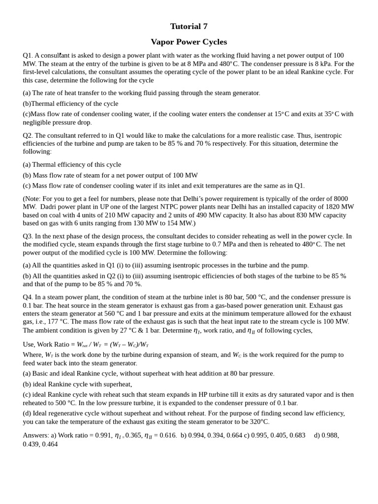 Updated Tutorial 7 On Vapor Power Cycle | PDF | Gases | Energy Technology