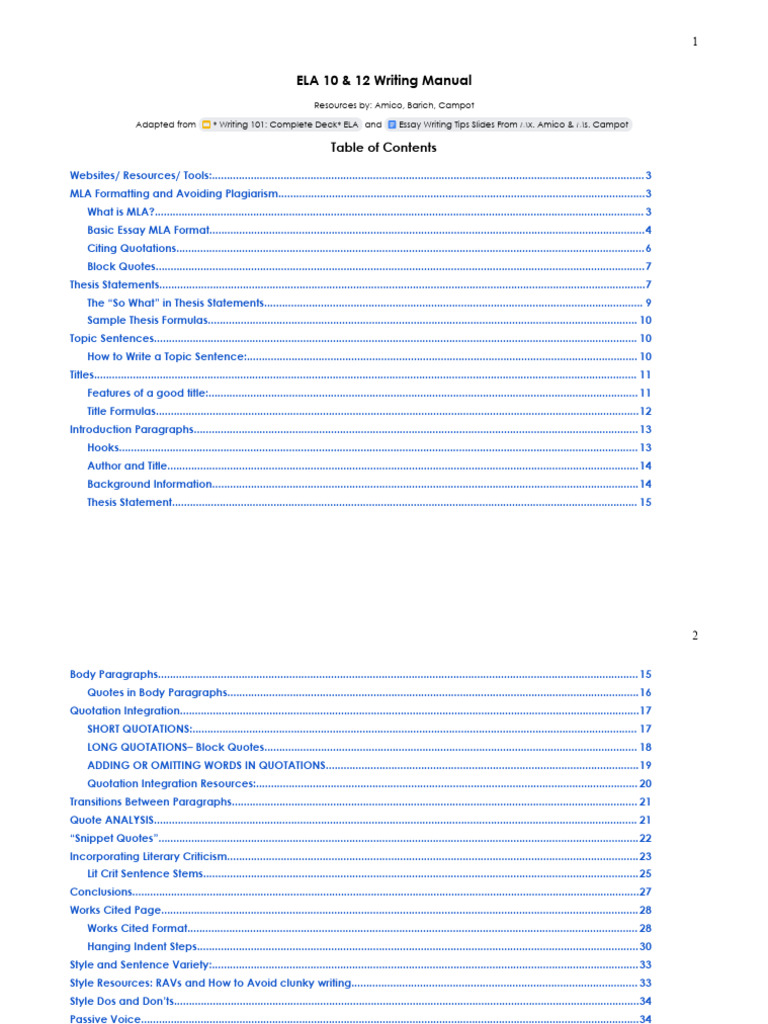 ELA 10 & 12 Writing Manual | PDF | Citation | Essays