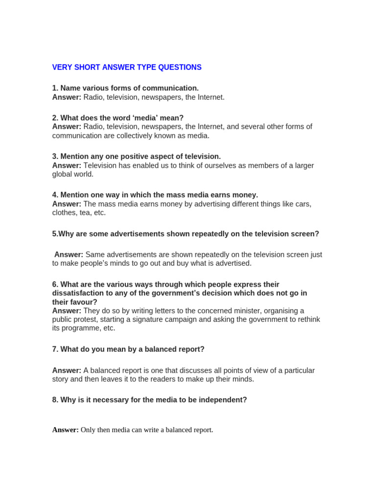 Short Answers on Communication and Media | PDF | Mass Media | Television
