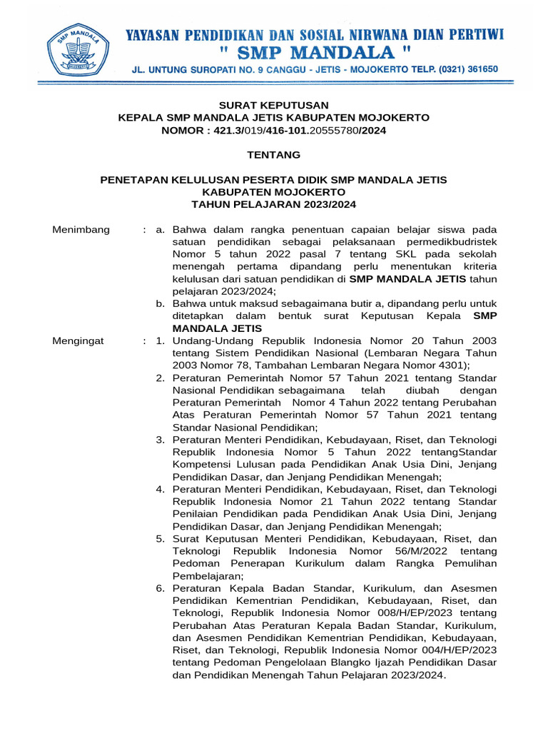 SK PENETAPAN KELULUSAN 2024 SMP Rev | PDF