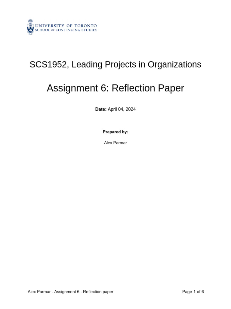 Alex Parmar - Assignment 6 - Reflection Paper - SCS1952, Leading ...