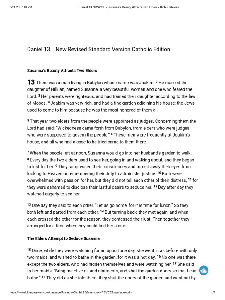 Daniel 13 NRSVCE - Susanna's Beauty Attracts Two Elders - Bible Gateway ...