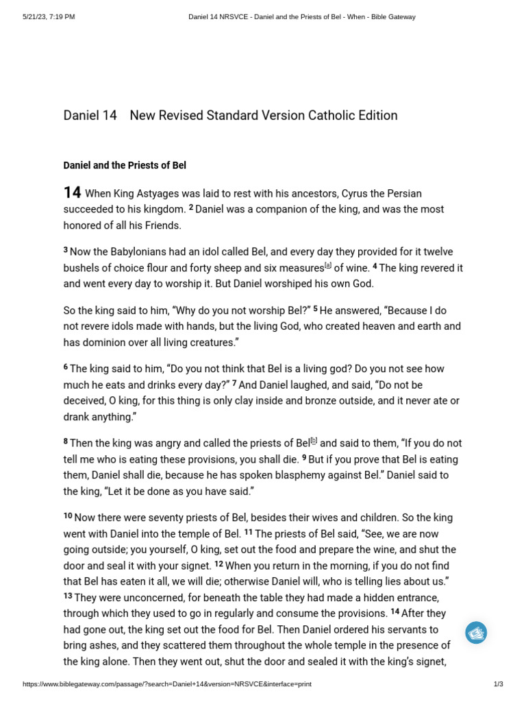 Daniel 14 NRSVCE - Daniel and The Priests of Bel - When - Bible Gateway | PDF | Dragon