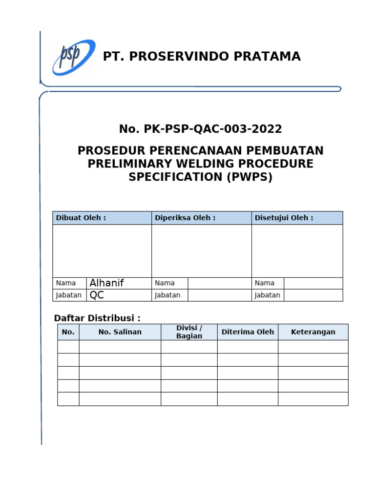 Prosedur Perencanaan Pembuatan PWPS | PDF