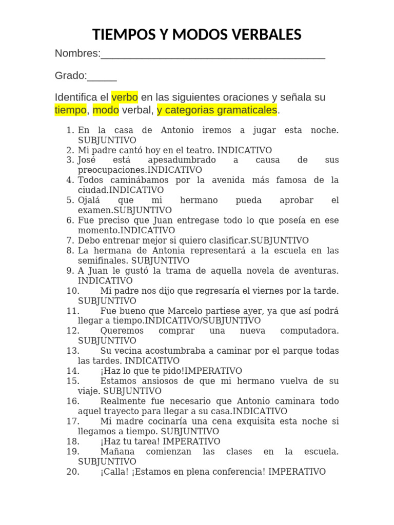 Taller de Tiempos y Modos Verbales | PDF