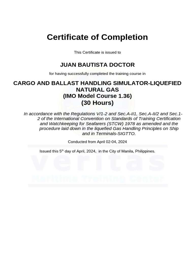 Certificate Sample Cargo Ballast Handling Simulator LPG | PDF