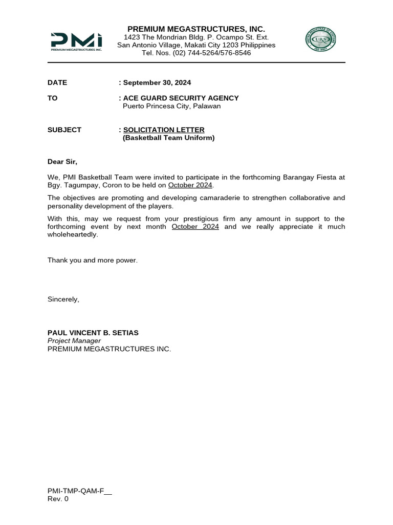 Letter To Ace Guard Security (Solicitation - Basketball Uniform) | PDF