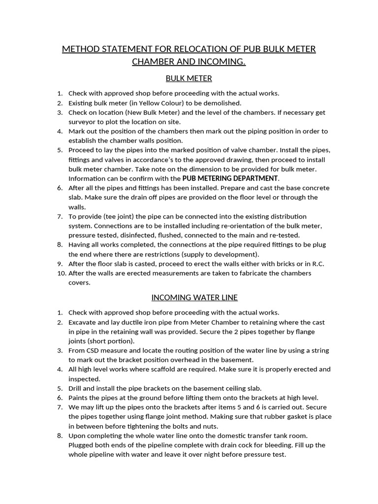 Method Statement For Relocation of Pub Bulk Meter Chamber and Incoming ...